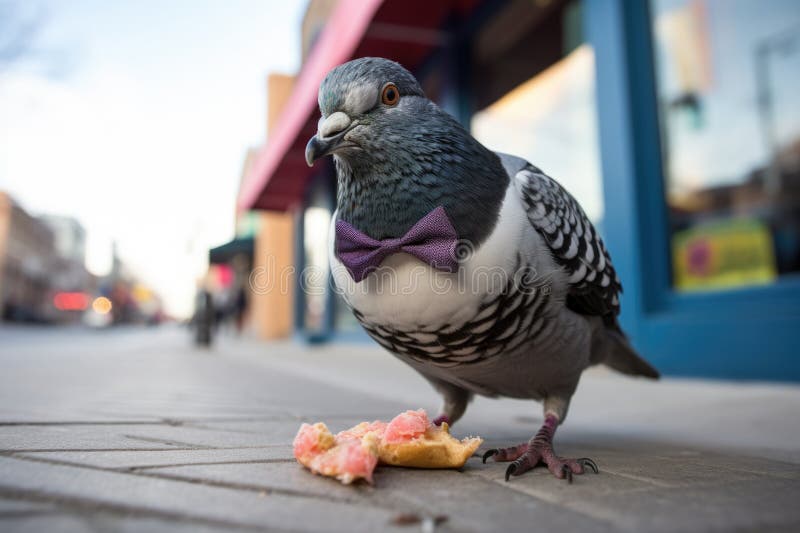 Pigeon with a Small Bow Tie, Pecking at Bread on the Sidewalk Stock ...