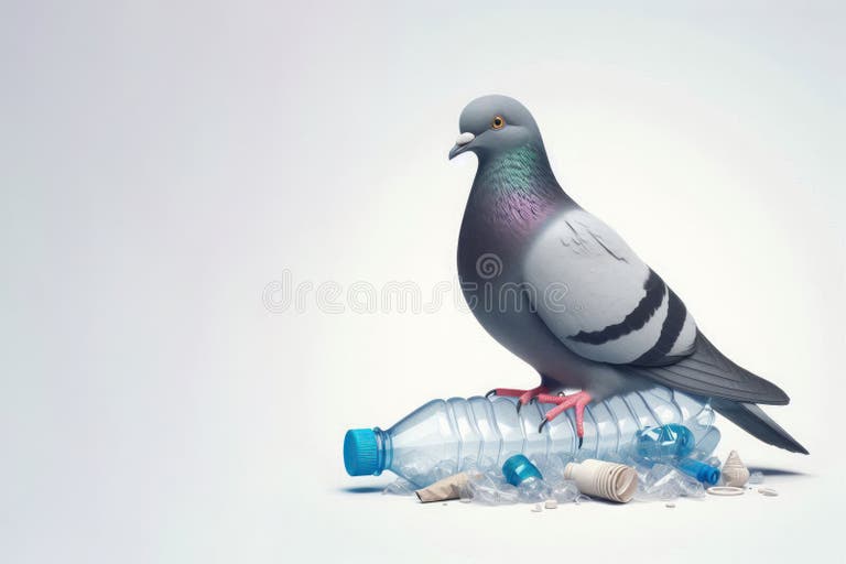 Pigeon Standing on a Plastic Bottle and Garbage. Space for Text. Stock ...