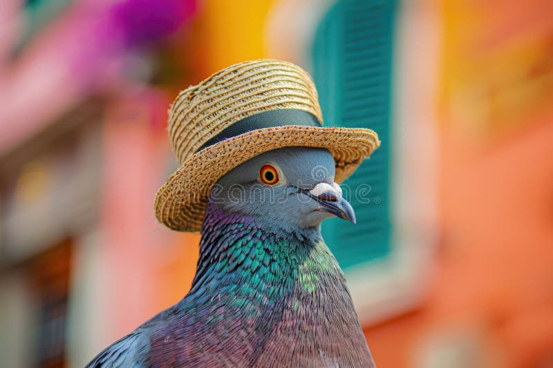 A Pigeon with a Straw Hat on Its Head Stock Photo - Image of imaginary ...