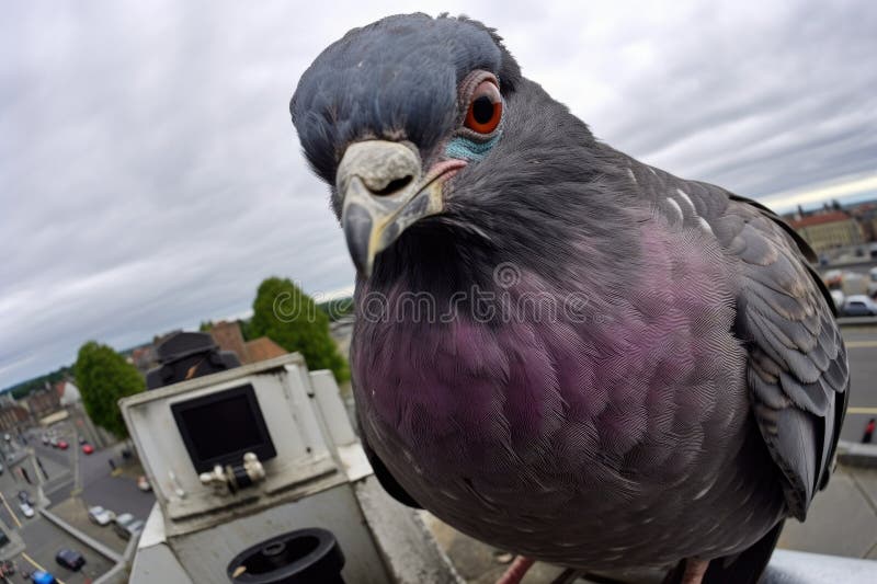 A Pigeon with a Tiny Camera Around Its Neck, on a City Monument Stock ...