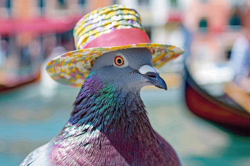 A Pigeon Wearing a Colorful Hat in Front of Boats Stock Photo - Image ...
