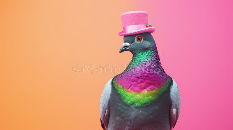 A Pigeon Wearing a Pink Top Hat with a Rainbow Feather. the Pigeon is ...