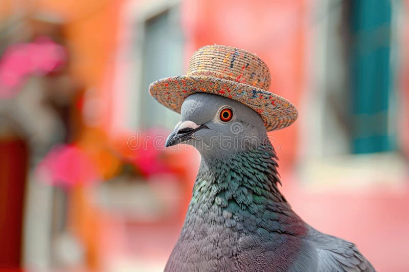 A Pigeon Wearing a Straw Hat in Front of a Building Stock Photo - Image ...