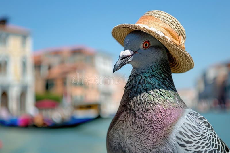 A Pigeon Wearing a Straw Hat in Front of a Canal Stock Image - Image of ...