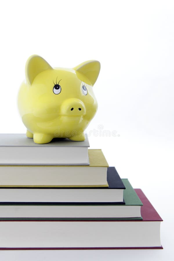 Piggy bank on books stock photo. Image of object, paper - 17868998