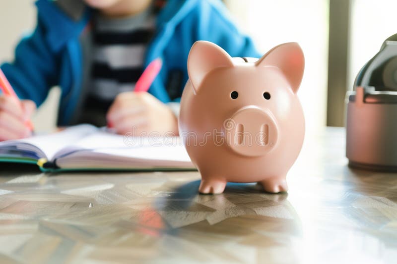 Piggy Bank on Desk with Kid Doing Homework beside it Stock Illustration ...