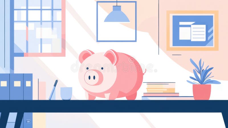 Piggy Bank Illustration in Modern Office with Abstract Design Elements ...