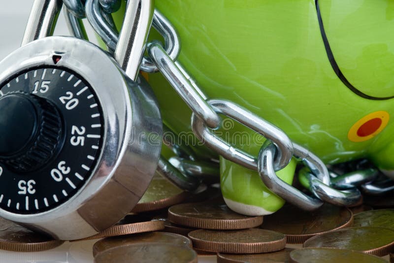 Piggy bank and lock stock photo. Image of chained, green - 5823500