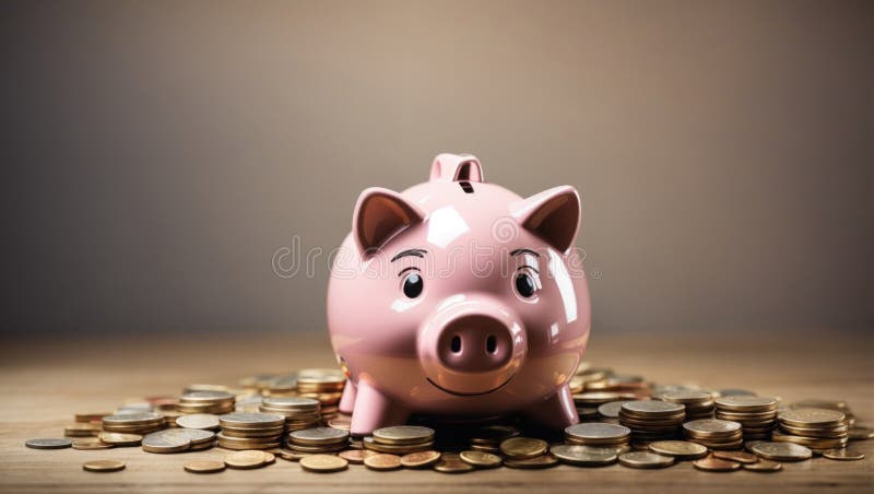 The Piggy Bank and Coins are Safely Protected Under an Umbrella on a ... The Piggy Bank and Coins are Safely Protected Under an Umbrella on a ...
