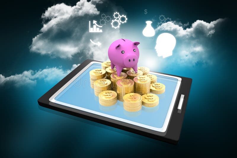Piggy Bank on with a Tablet Pc Stock Image - Image of market, banking ...