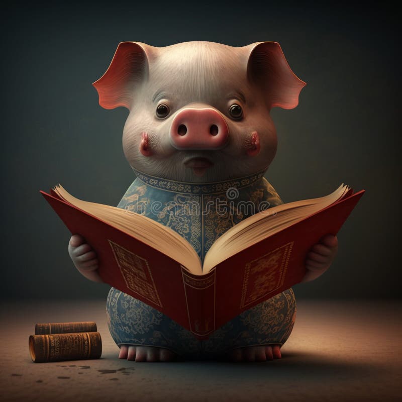 Piggy and Book, Pig, Illustration, Generative AI Stock Illustration ...