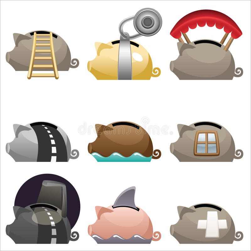 Piggy icons set stock vector. Illustration of marine - 13996834