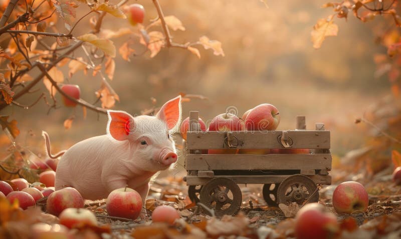 Piglet Biting into an Apple Under a Tree Stock Photo - Image of food ...
