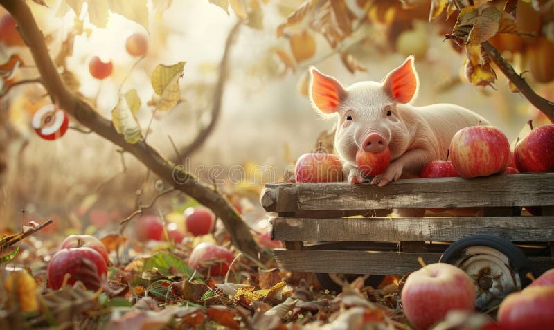 Piglet Biting into an Apple Under a Tree Stock Image - Image of pink ...