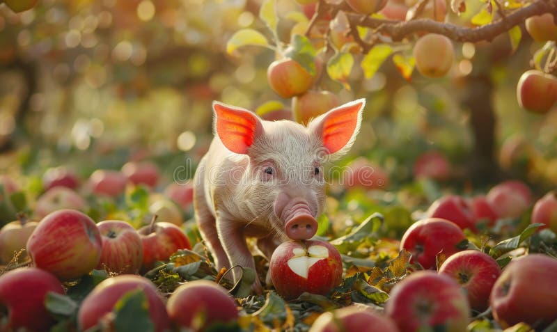 Piglet Biting into an Apple Under a Tree Stock Image - Image of cute ...