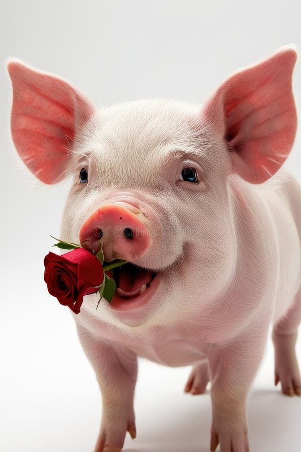 Piglet with Prominent Ears Holding Red Rose on Plain Background Stock ...
