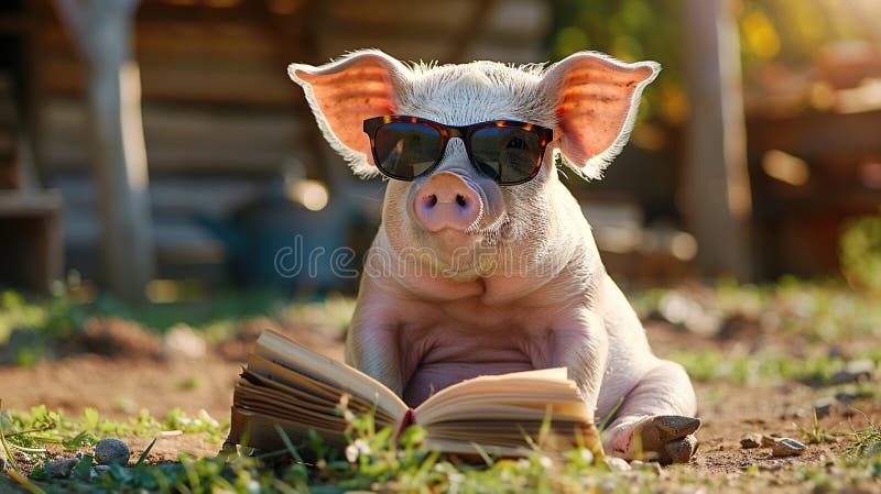 Piglet Reading a Book stock illustration. Illustration of glasses ...