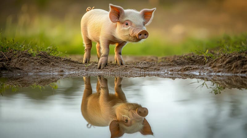 Piglet Reflection in a Puddle Stock Photo - Image of cute, young: 336553192