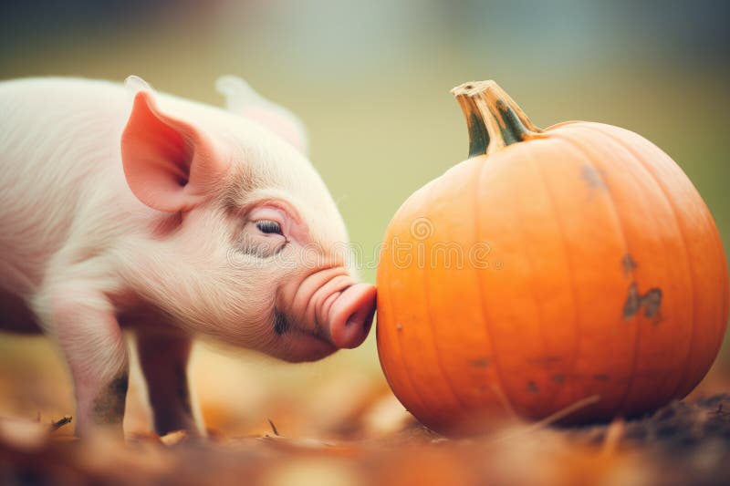 Piglet Sniffing Around a Pumpkin Stock Photo - Image of generated ...