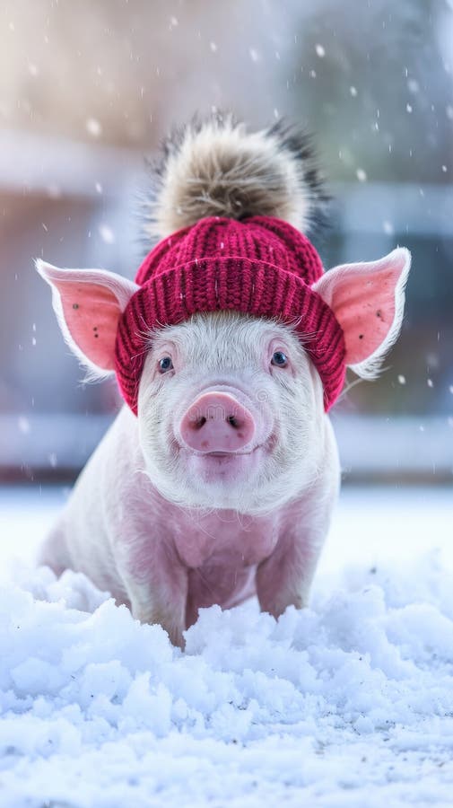 Piglet in Snow with Red Knit Hat, Leaving Tracks Behind Stock ...
