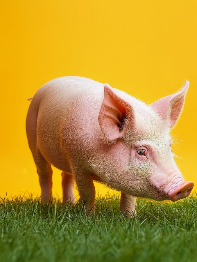 Piglet Standing Grass Vibrant Yellow Background Stock Photos - Free ...