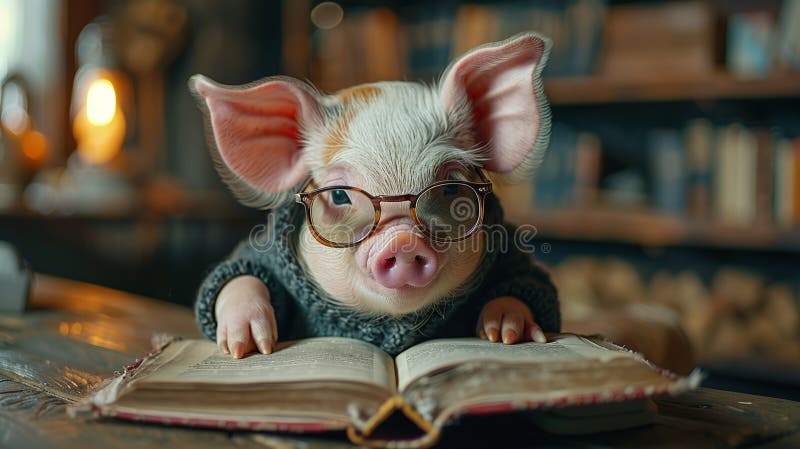 Piglet Studying with Glasses in a Library Stock Illustration ...