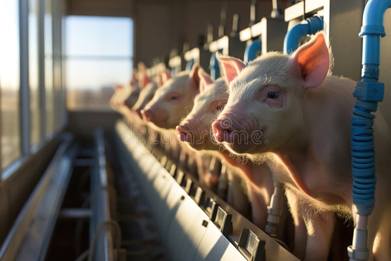 Pigs in Cells in a Row in Modern Farm Standing Next To Each Other ...
