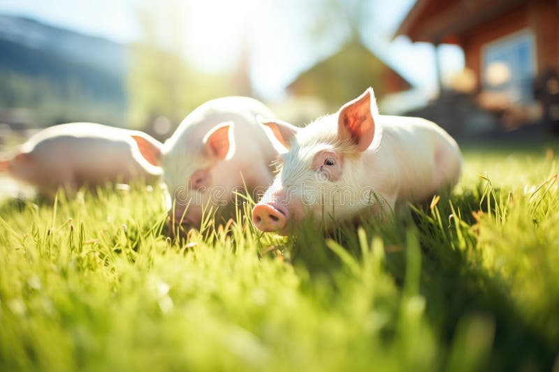 Pigs Grazing on Sunlit Green Grass Stock Illustration - Illustration of ...