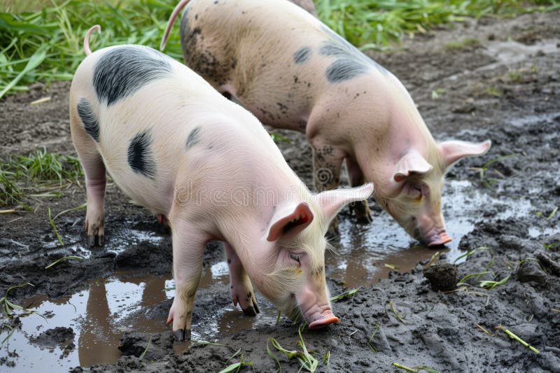 Pigs Grazing Together in a Muddy Pasture Stock Photo - Image of muddy ...