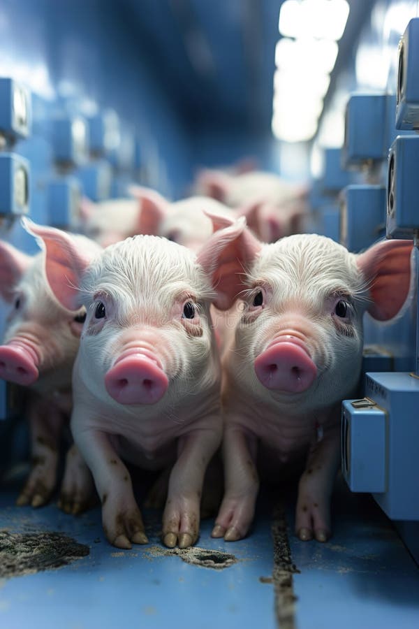 Pigs in Modern Farm Standing Next To Each Other. Electronic Devices in ...