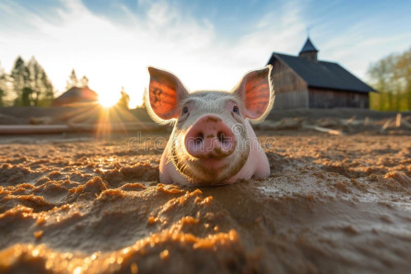 Pigs in Mud with Rustic Barn Background Stock Illustration ...