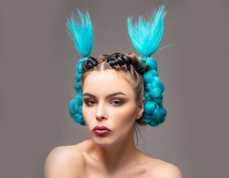 Pigtails. Beautiful Woman, Close Up Female Face Beauty Portrait. Stock ... Pigtails. Beautiful Woman, Close Up Female Face Beauty Portrait. Stock ...