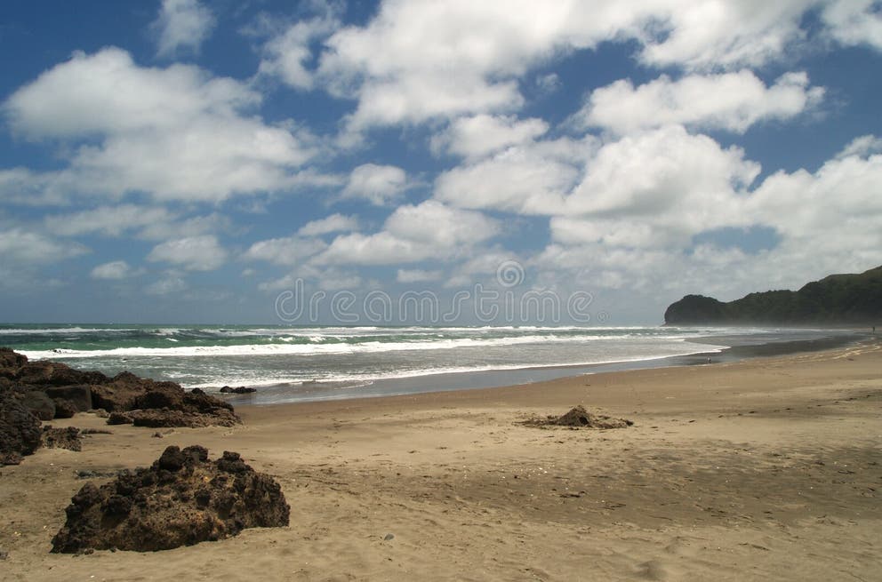 Piha beach stock image. Image of hill, tide, bush, lion - 12740997