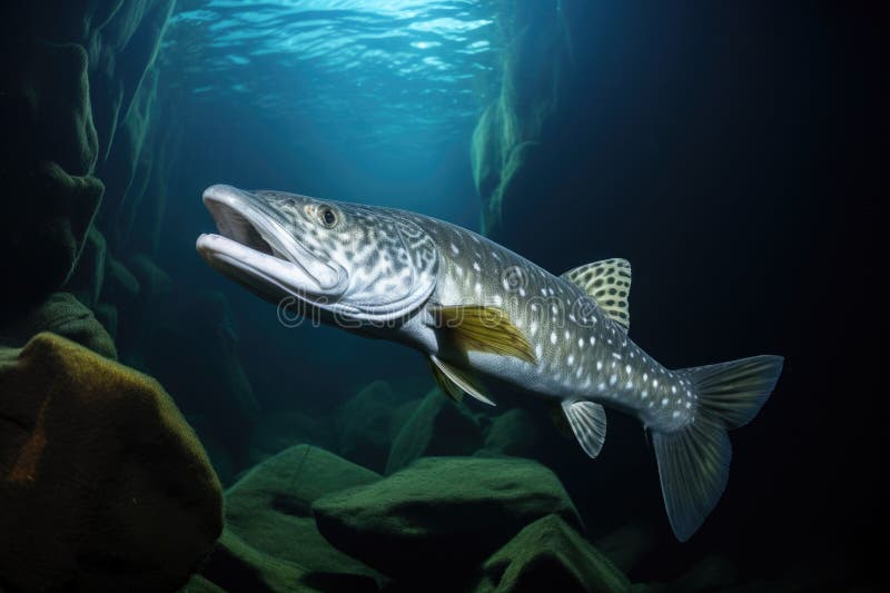 A Pike Fish Lurking in the Shadows of Underwater Rocks Stock Image ...