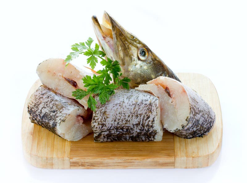 Pike Fish Pieces on Wooden Board Isolated on White Background Stock ...