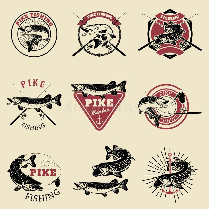 Pike Fishing Labels. Fishing Club, Team Emblems Templates Stock Vector ...