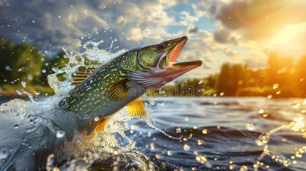 Pike Splashing in Sunset River. AI Generated Stock Image - Image of ...