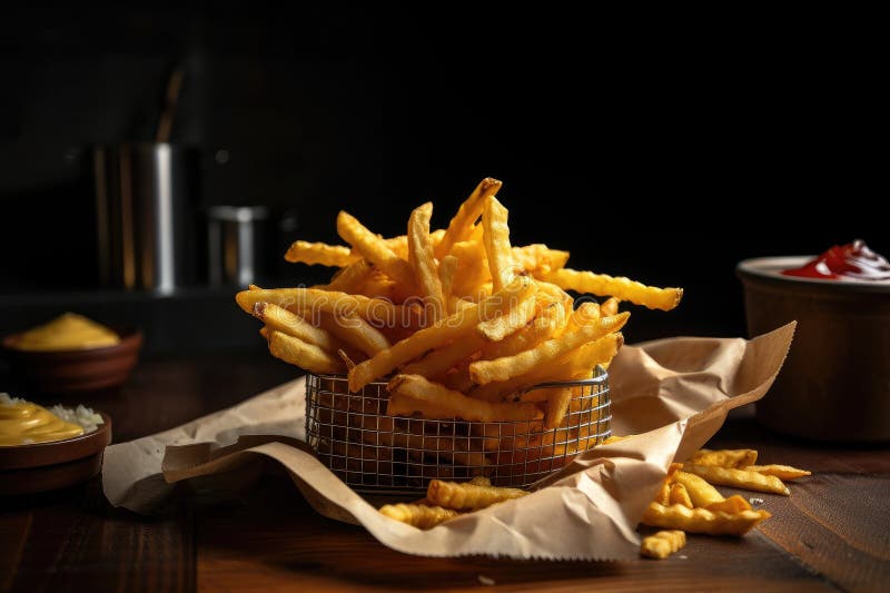 Pila De Patatas Fritas Crujientes Doradas En Una Canasta Stock de ... Pila De Patatas Fritas Crujientes Doradas En Una Canasta Stock de ...