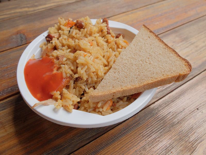 Pilaf with Ketchup and Bread on the Table Stock Photo - Image of omsk ...