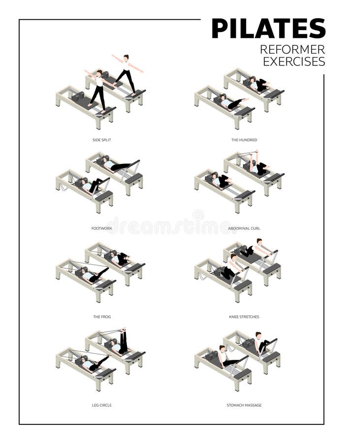 Pilates Reformer Exercise Poses Isometric Set Vector Stock Vector ...
