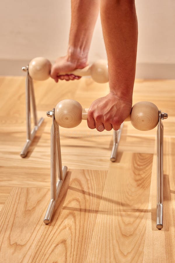 Pilates Reformer Workout Exercises Man at Gym Indoor. Stock Photo ...