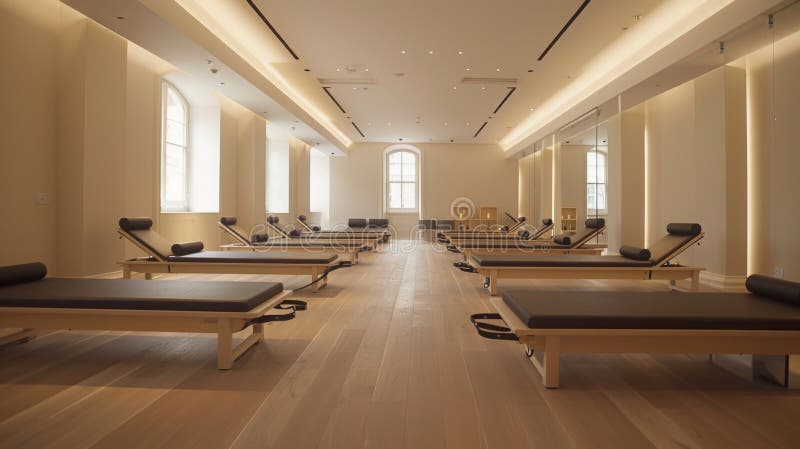 Pilates Studio Interior with Reformers Stock Image - Image of movement ...
