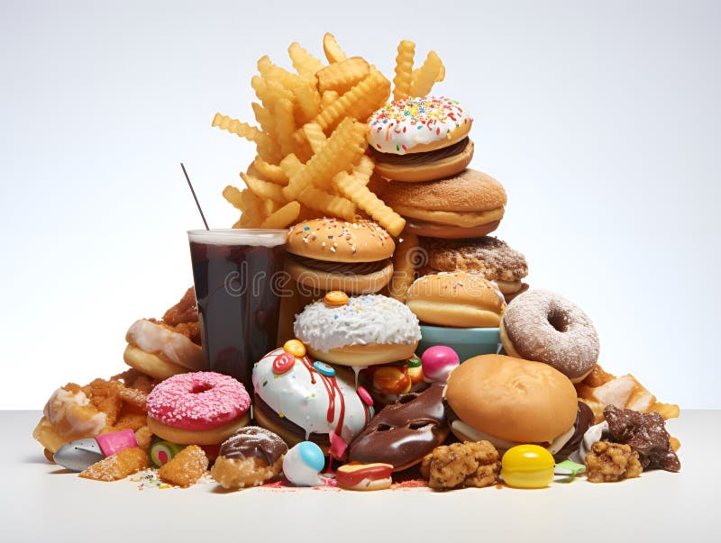 A Pile of Fast Food: a Cheeseburger, French Fries, and Soda. Junk Food ...
