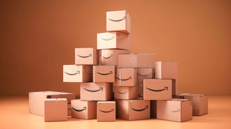 Pile of Amazon Prime Cardboard Boxes Packages on Yellow Background ...