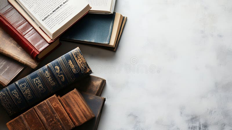 Pile of Antique Books on Textured White Surface with Ample Copy Space ...