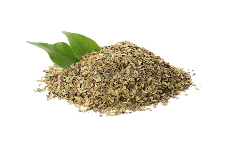 Pile of Aromatic Mate Tea and Fresh Leaves on White Background Stock ...