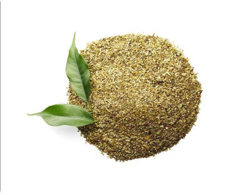 Pile of Aromatic Mate Tea and Fresh Leaves on White Background, Top ...