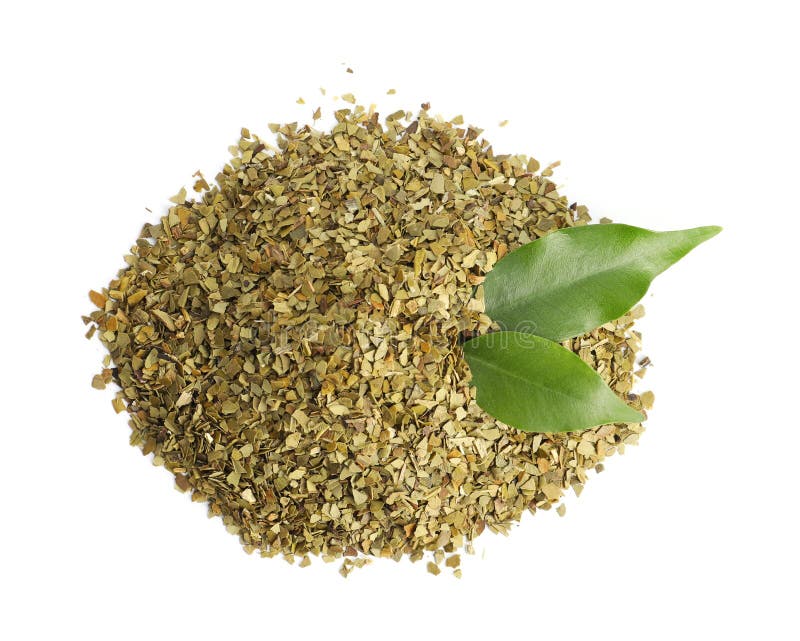 Pile of Aromatic Mate Tea and Fresh Leaves on White Background, Top ...