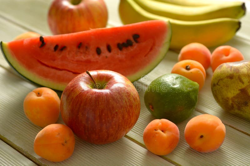 Pile of Assorted Fruits on White Table Stock Image - Image of pear ...