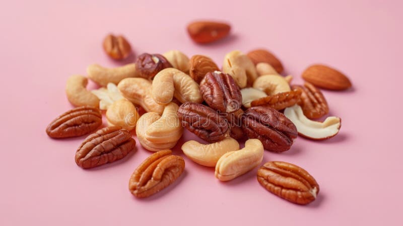 Pile of Assorted Nuts on Pink Background Stock Photo - Image of surface ...
